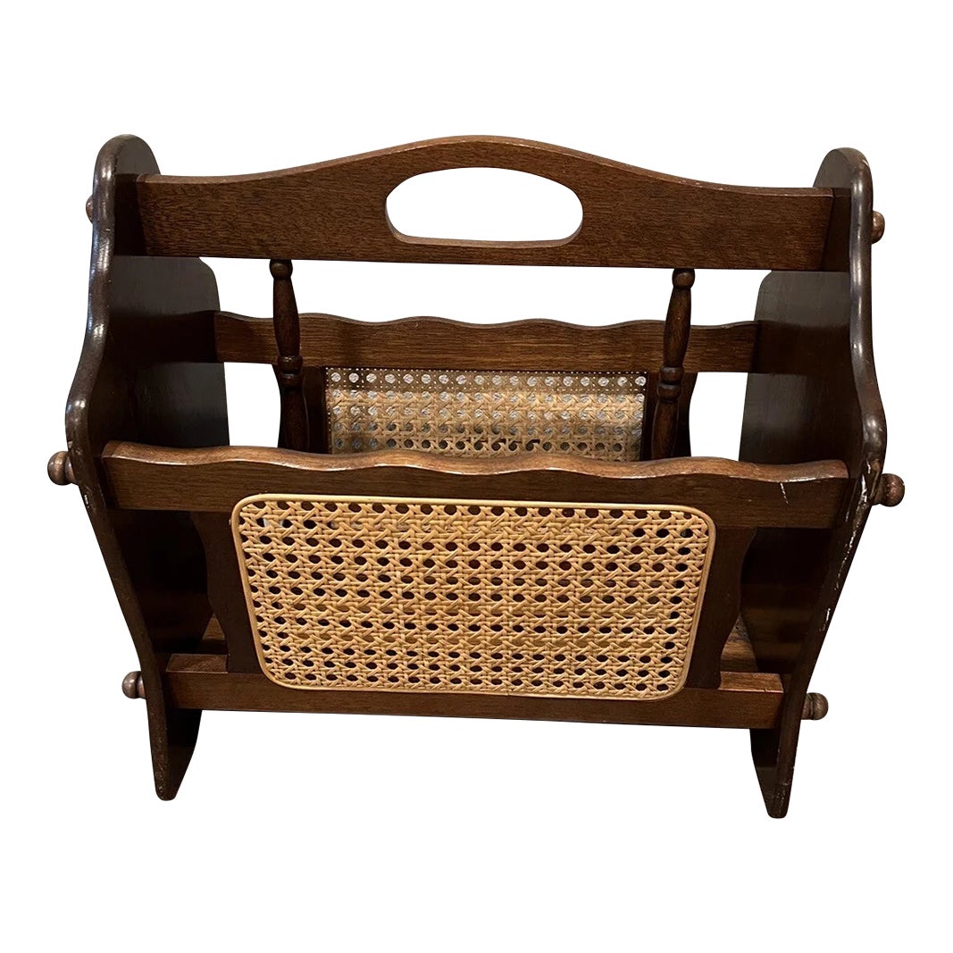 1990s Vintage Oak Wood Woven Wicker Rattan Cane Magazine Rack Holder ...