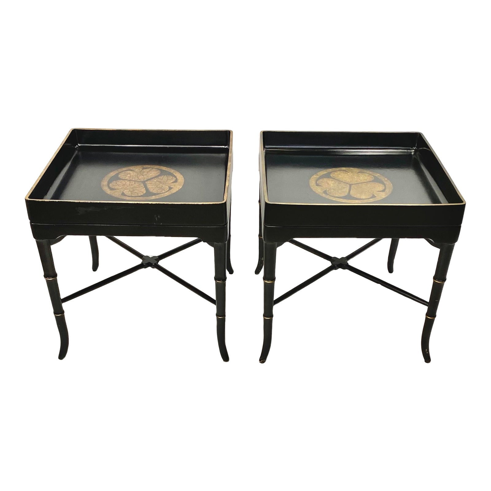 1990’s Pair Faux Bamboo Black Lacquer & Gold Side Tables | Chairish