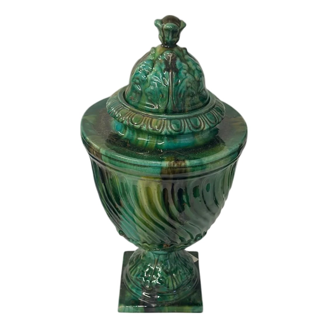 Emerald Green Glazed Faience Urn / Lidded Vase | Chairish