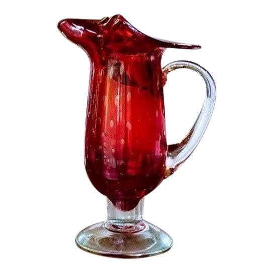 Murano Style Mid Century Modern Hand Blown Glass Pitcher Vase | Chairish