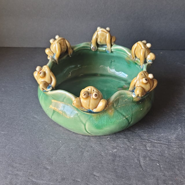 Vintage Majolica Frog Planter 6 Frogs on Leaf Cachepot Plant Pot Bowl ...