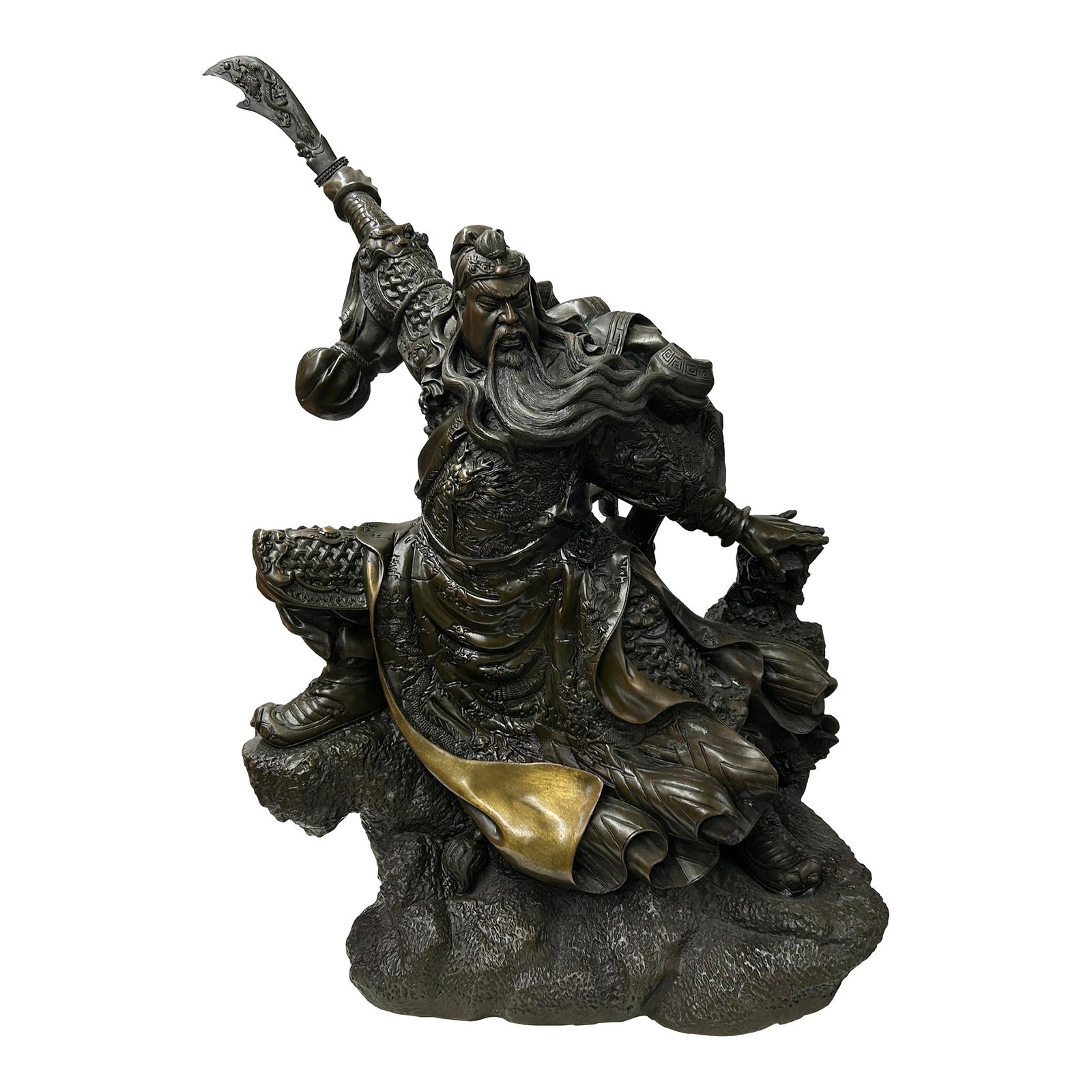 Chinese Metal Bronze General Quan Yu Holding Long Knife Statue | Chairish