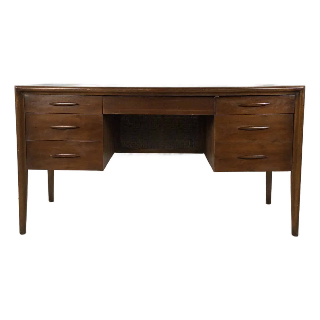 Mid Century Modern Writing Desk With Six Drawers &. Caned Back by ...