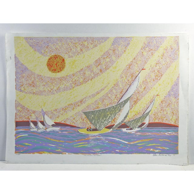 Mid-Century Abstract Yellow Sailboat Serigraph | Chairish