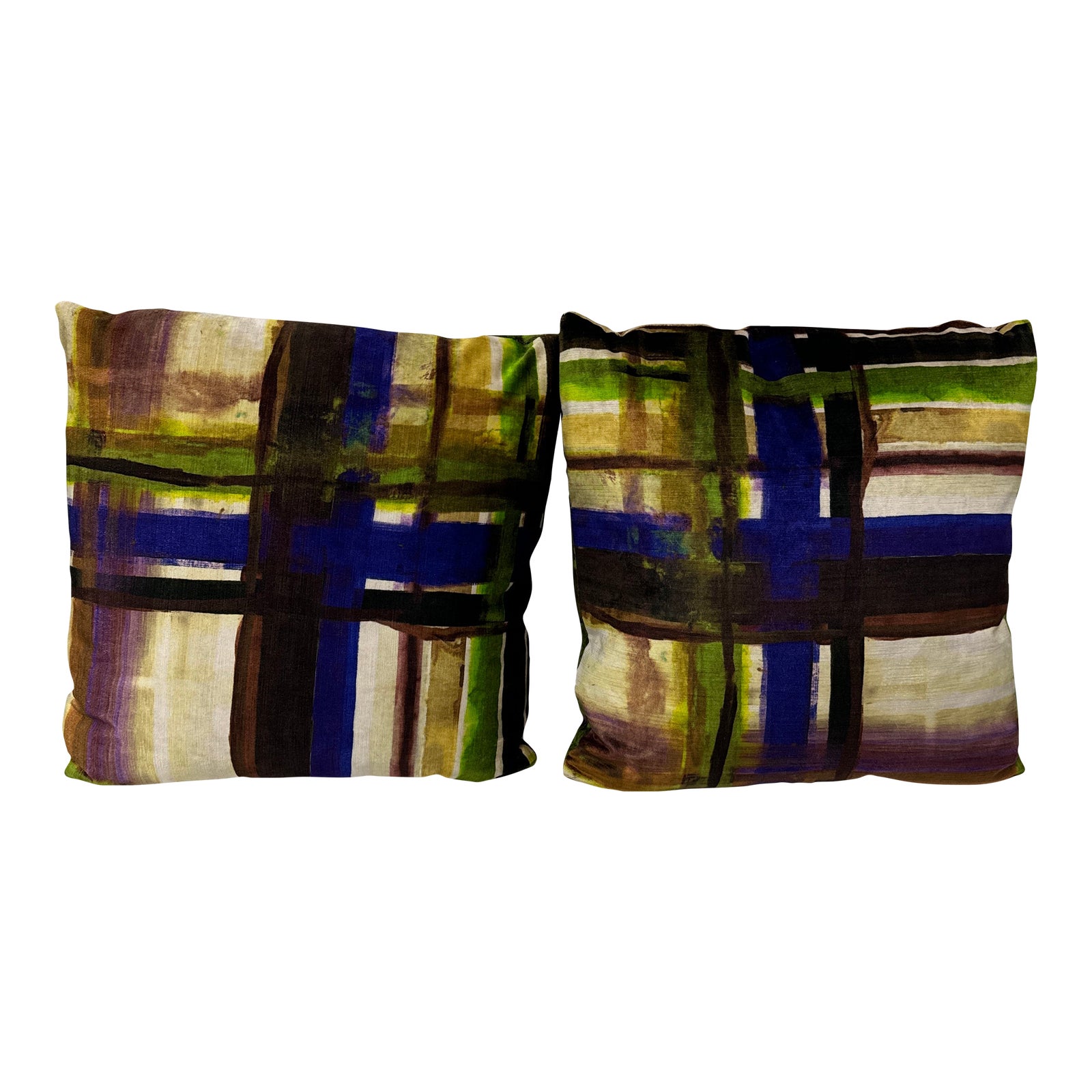 Custom Design Bold Velvet Plaid Pillows, a Pair | Chairish