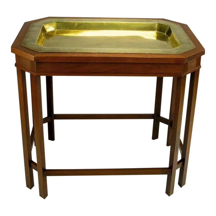 Mahogany Canted Corner Table With Inset Reticulated Brass Tray | Chairish