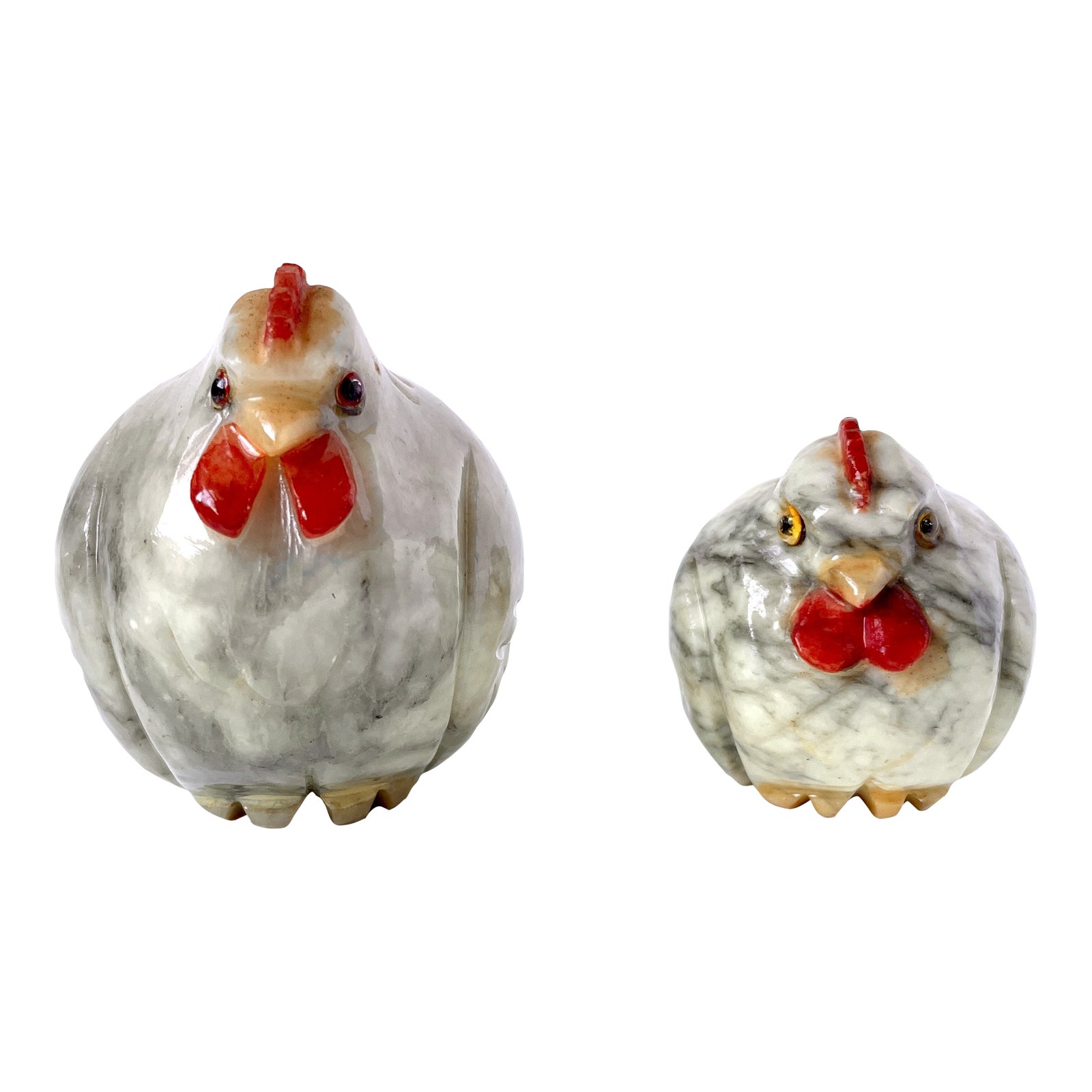 Italian Alabaster Chickens With Red Wattle & Comb - Set of 2 | Chairish
