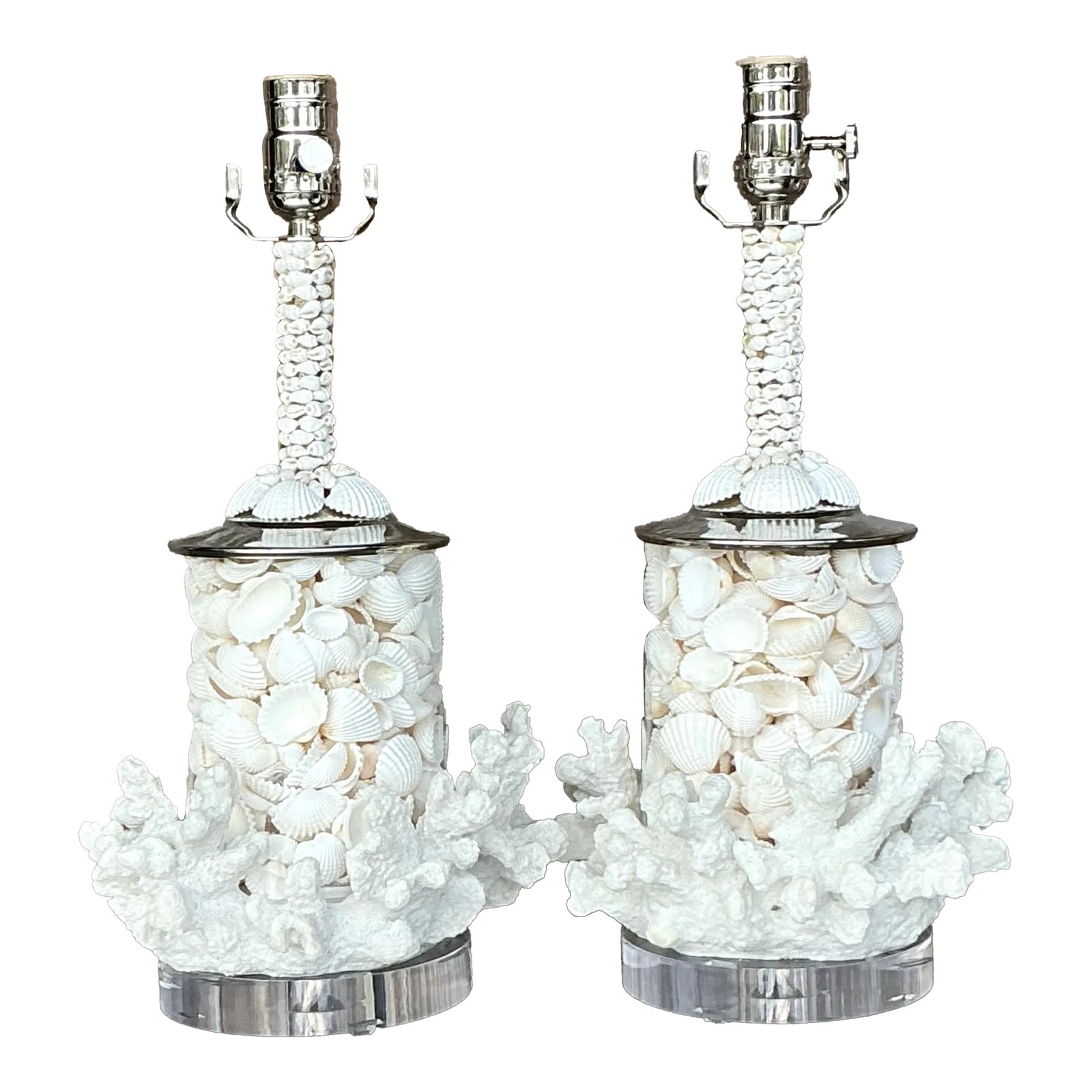 Vintage Coastal Faux Coral and Shell Lamps - a Pair | Chairish