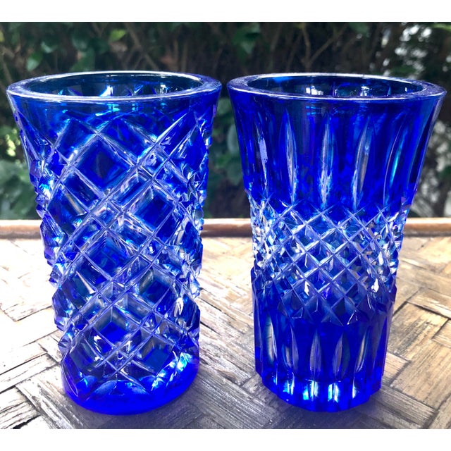 Vintage Mid Century Cobalt Blue Cut To Clear Crystal Glass Vases A