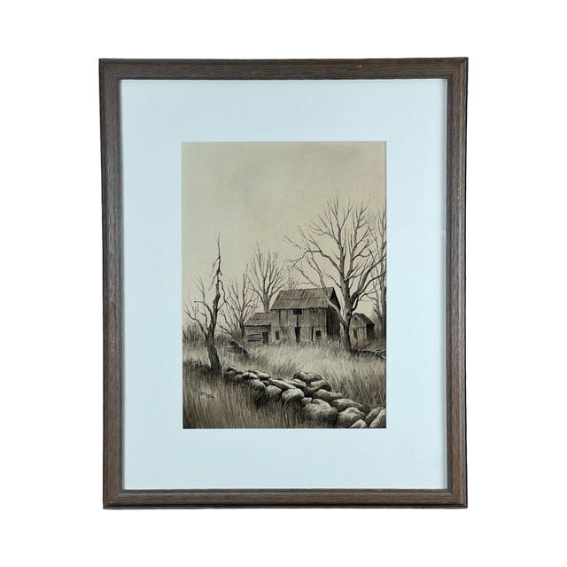 1990s Ink and Watercolor Painting “Abandoned Farm” by Bill Ely, Framed | Chairish