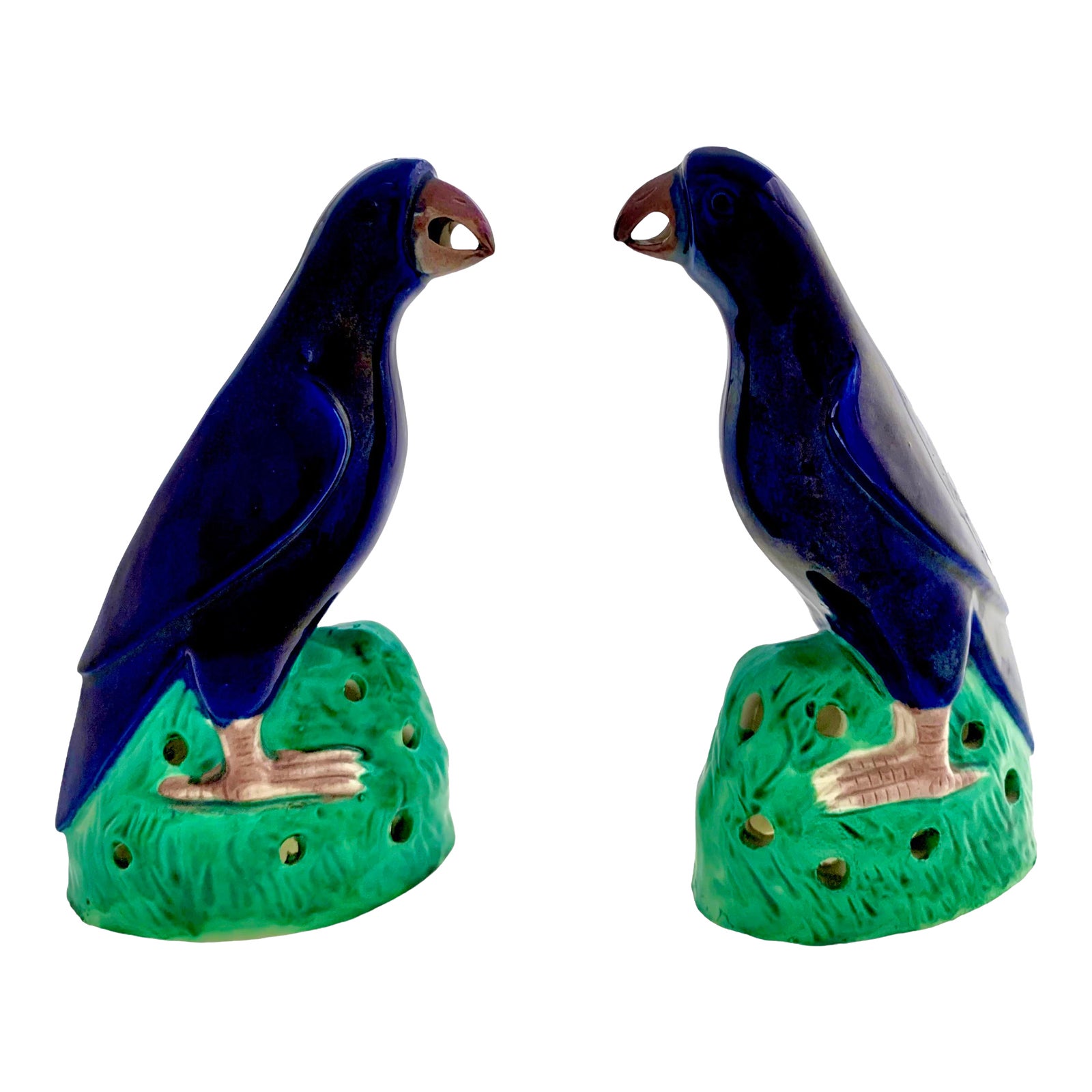 Vintage Chinese Parrot Bird Pair Dark Blue Glazed Porcelain Figurines ...