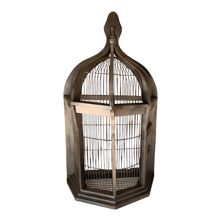 Vintage Half Octagonal Wood and Wire Bird Cage | Chairish