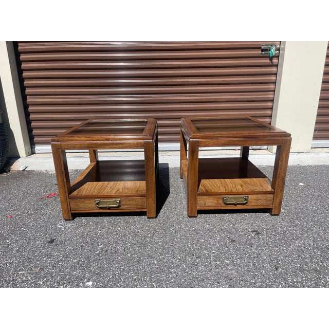 1990s Pair of Bassett Cane Glass Top End Tables | Chairish