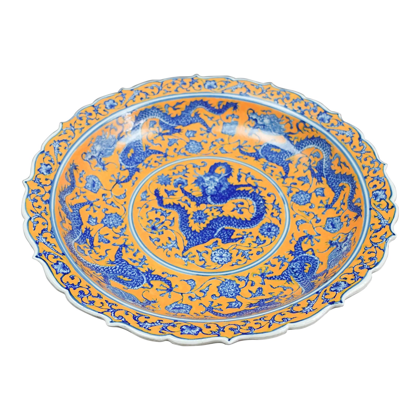 Late 20th Century Chinese Imperial Yellow & Blue Dragon Bowl | Chairish