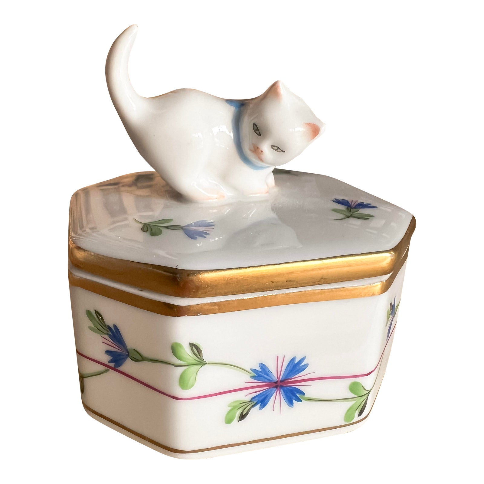 Vintage Herend Cat Figurine Lidded Trinket Box (Hand-Painted, Hungary ...