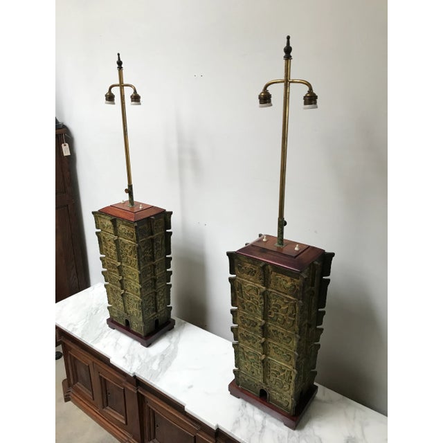 Monumental Archaic Chinese Bronze Lamps With Silk Shades - A Pair ...