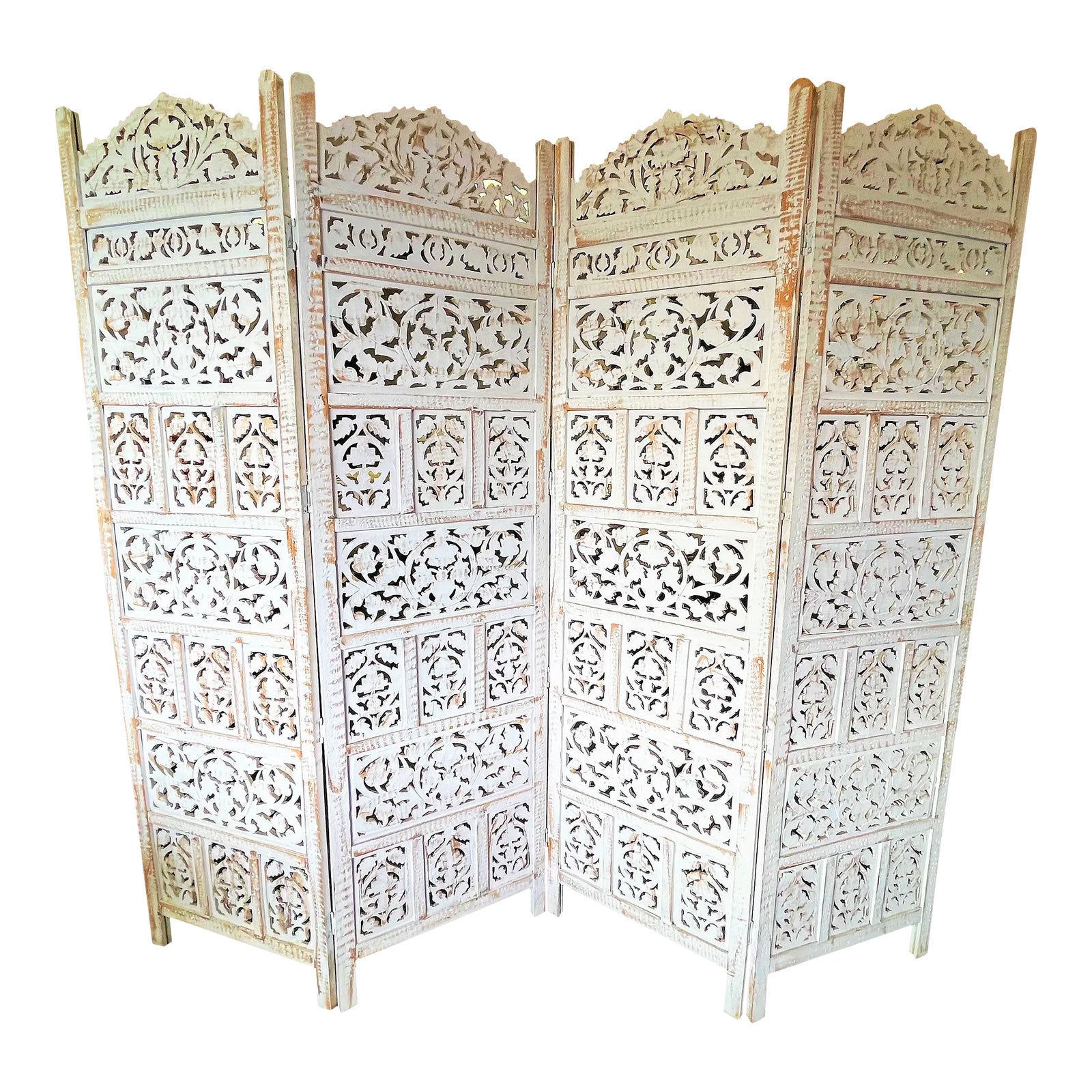 1960's Whitewashed Moroccan Style Pierced Wood 4-Panel Floor Screen ...