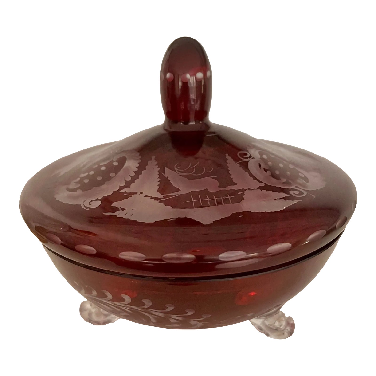 Vintage Egermann Ruby Red Bohemian Lidded Footed Candy Dish | Chairish