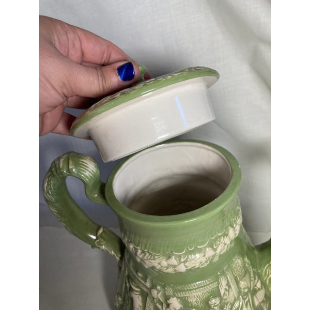 Vintage Green Raised Relief Pottery Ceramic Pitcher with Lid | Chairish