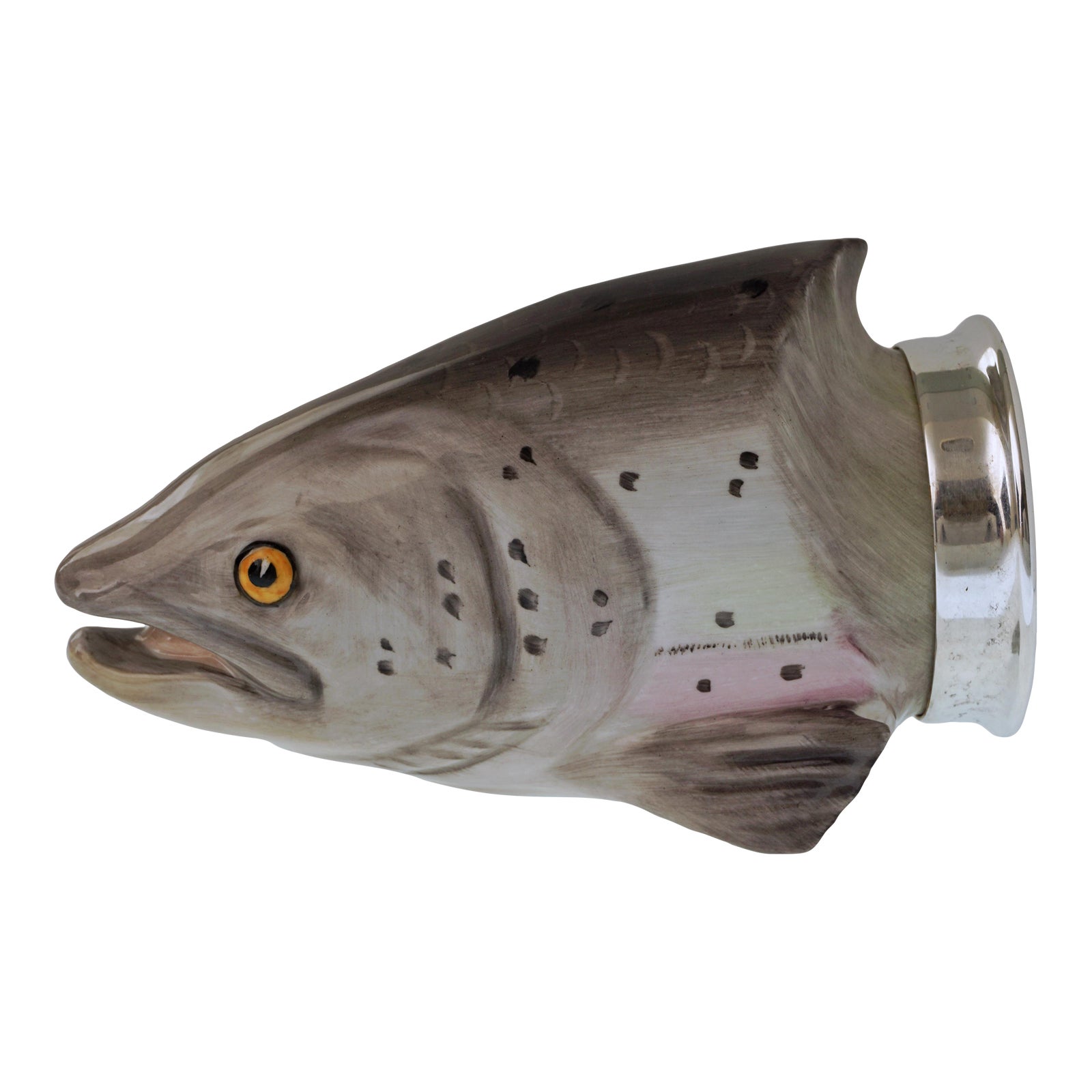 English Trout Head Stirrup Cup Porcelain Silverplate Rim Stoke-on-Trent ...