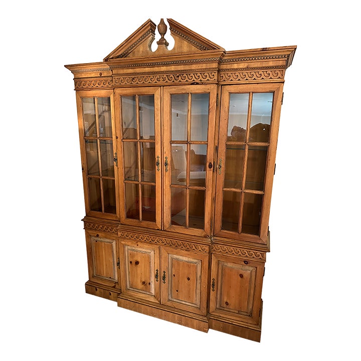 1980s Vintage Coastal, Solid Pine Library Breakfront Bookcase Display ...