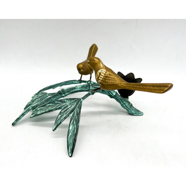 Vintage Verdigris Brass Birds on Bamboo Figurine and Flower Frog by ...