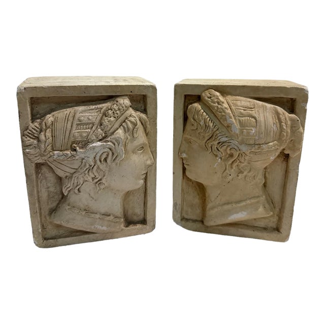Vintage Italian Plaster Bookends With Roman Faces - A Pair | Chairish