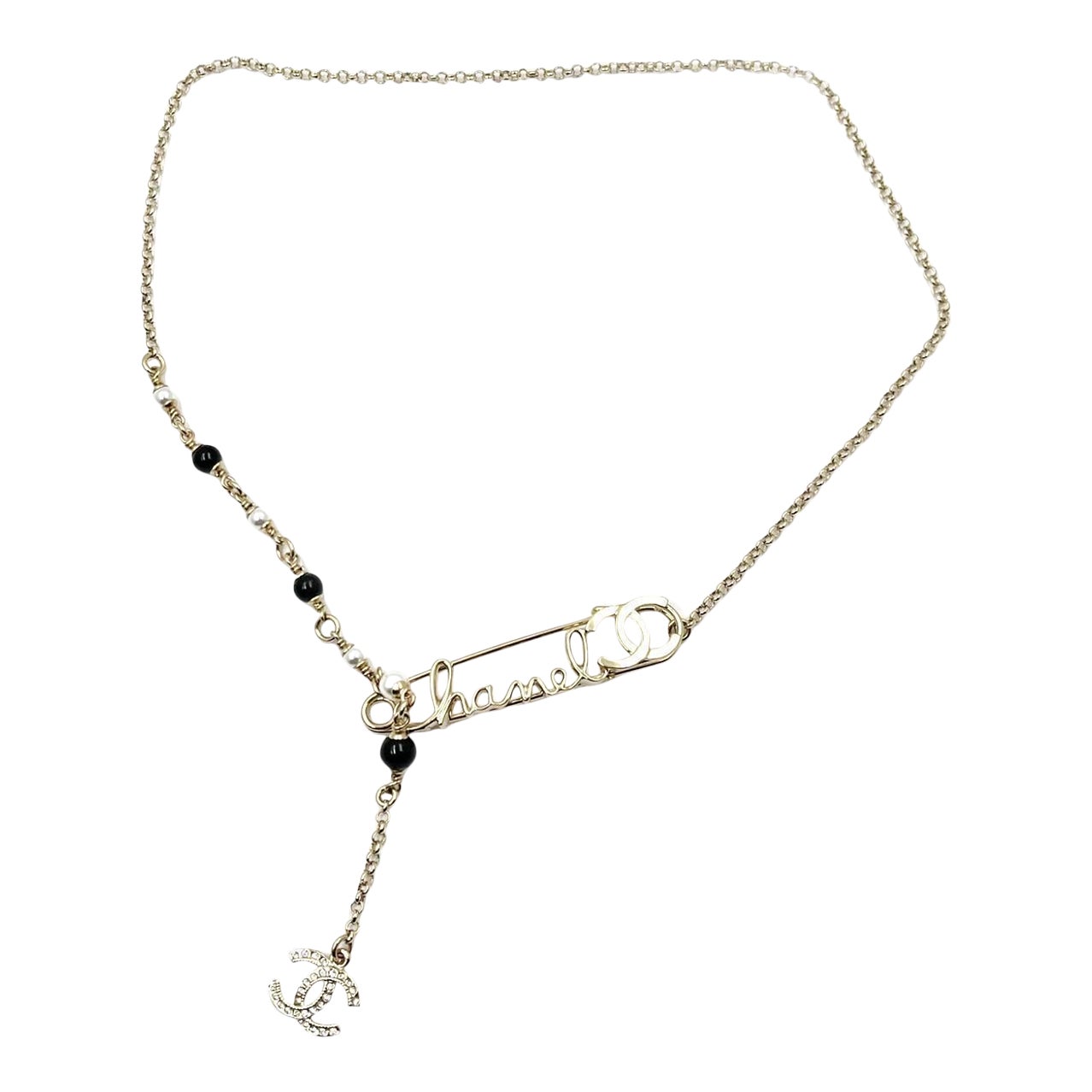Chanel Light Gold Safety Pin Pearl Necklace | Chairish