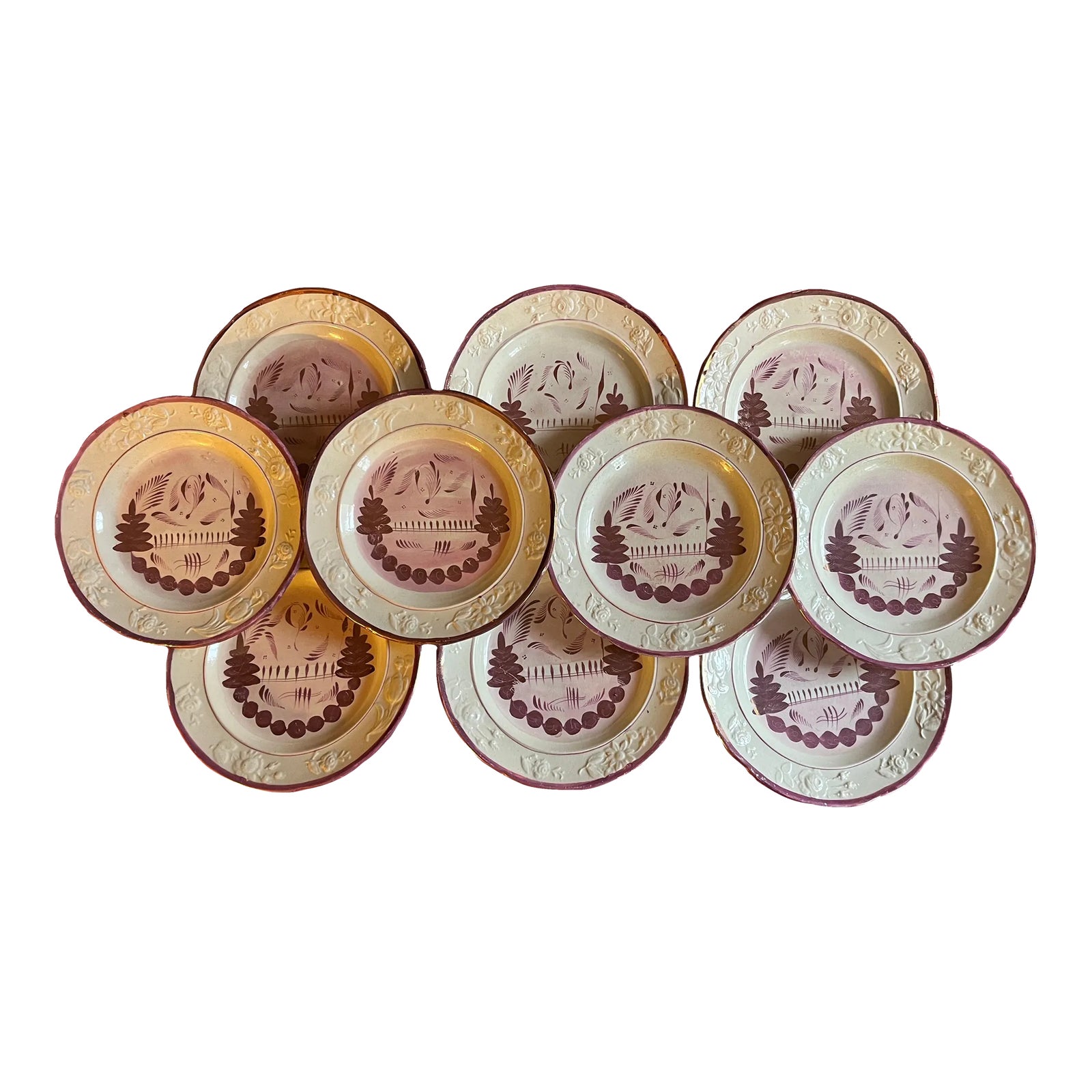 Antique 19th Century English Pink Luster Plates - a Set of 10 | Chairish