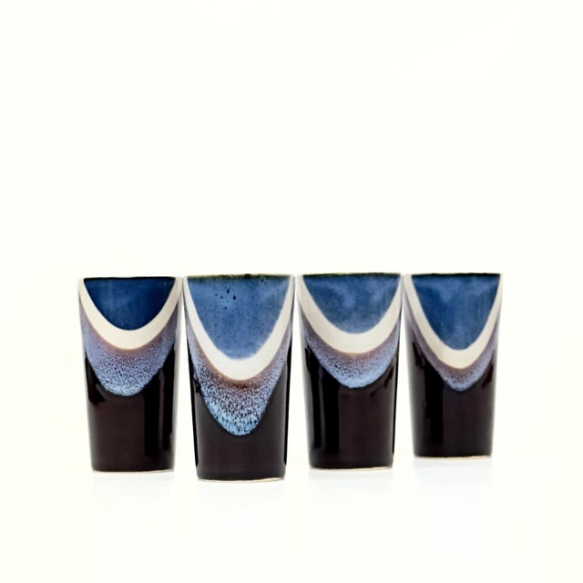 Artisanal 1970s-Style Brown and Blue Ceramic Beakers - Set of 4 | Chairish