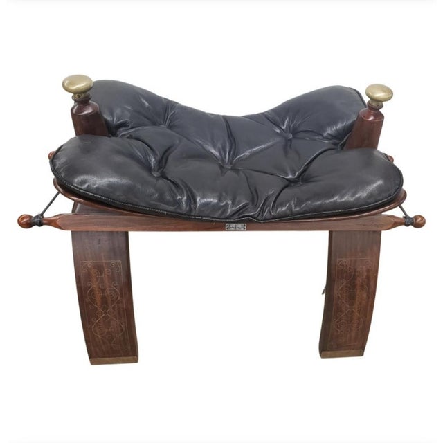 Vintage M Hayat And Brothers Brass Marquetry Rosewood Leather Seat Camel Bench Chairish