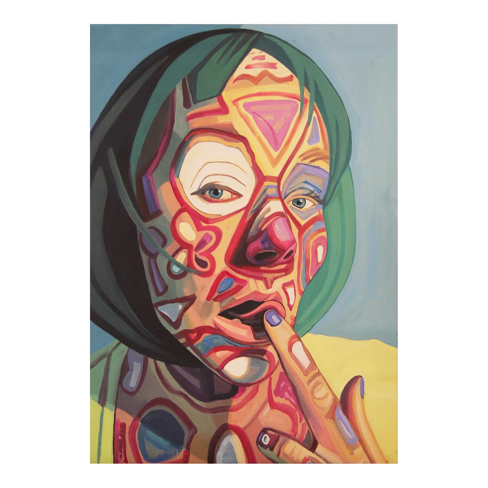 2020 "Self Portrait W/ Red Drawing 1" Teal & Red Abstract Contemporary ...