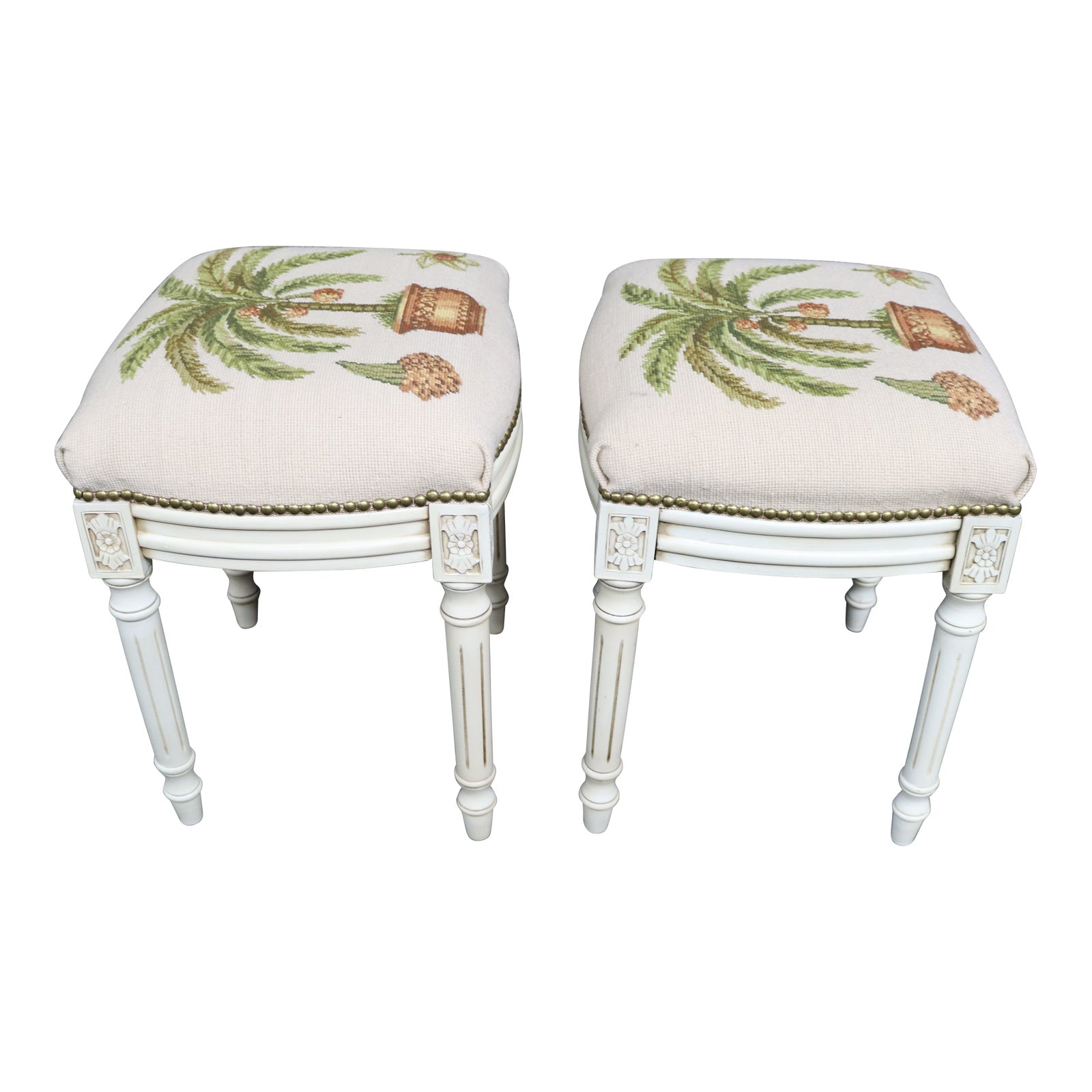 Louis XVI Style Needlepoint Palm Tree Stools/Pair | Chairish