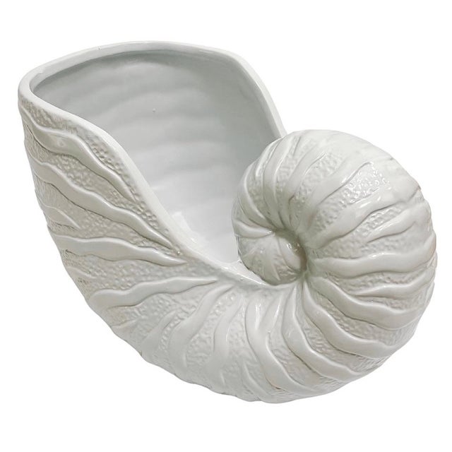 Contemporary White Ceramic Nautilus Shell Planter | Chairish