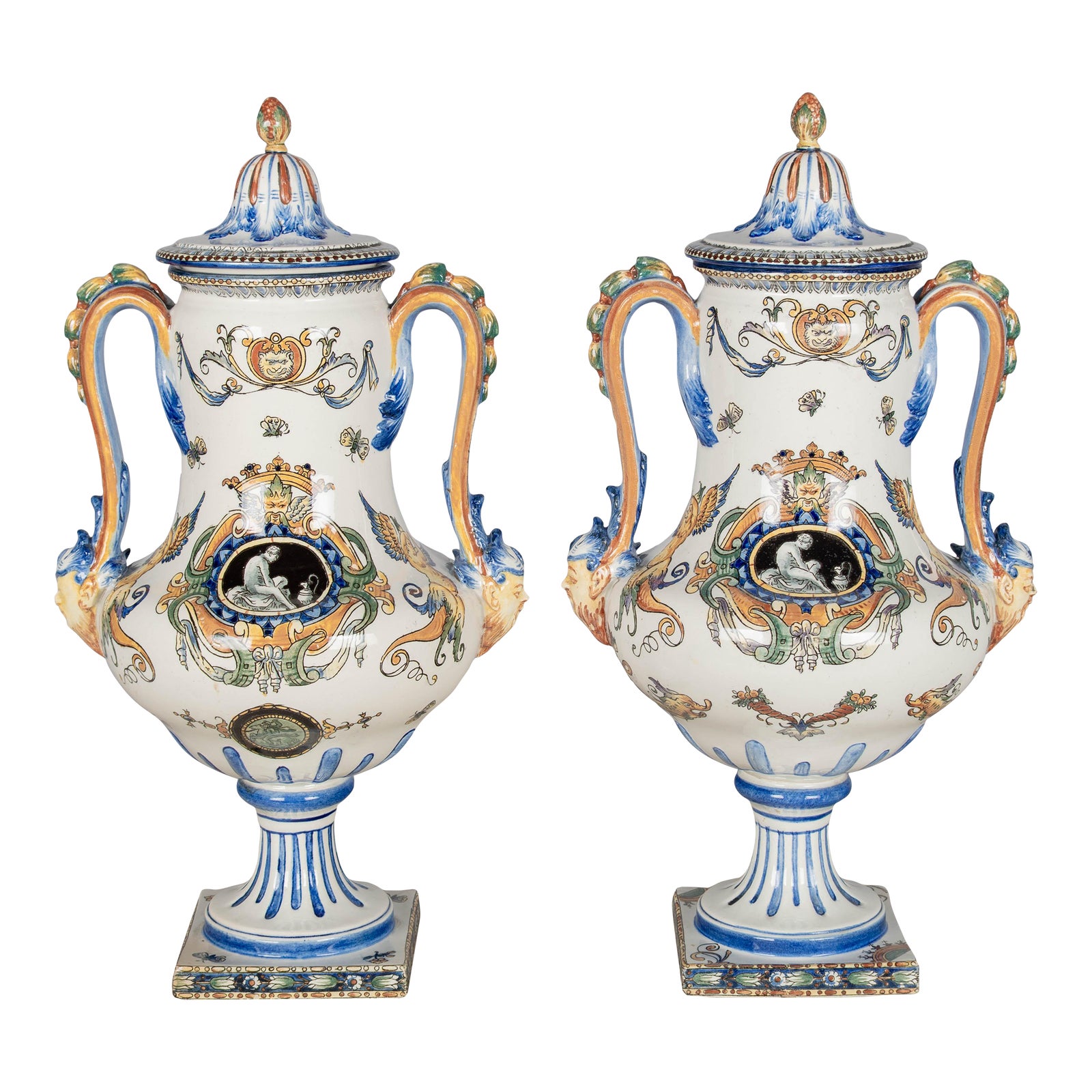 Pair of 19th Century French Gien Faience Urns | Chairish