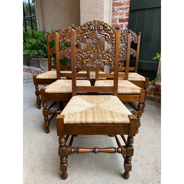 Set 6 Vintage English Dining Side Chairs Carved Oak Rush Seat Yorkshire ...