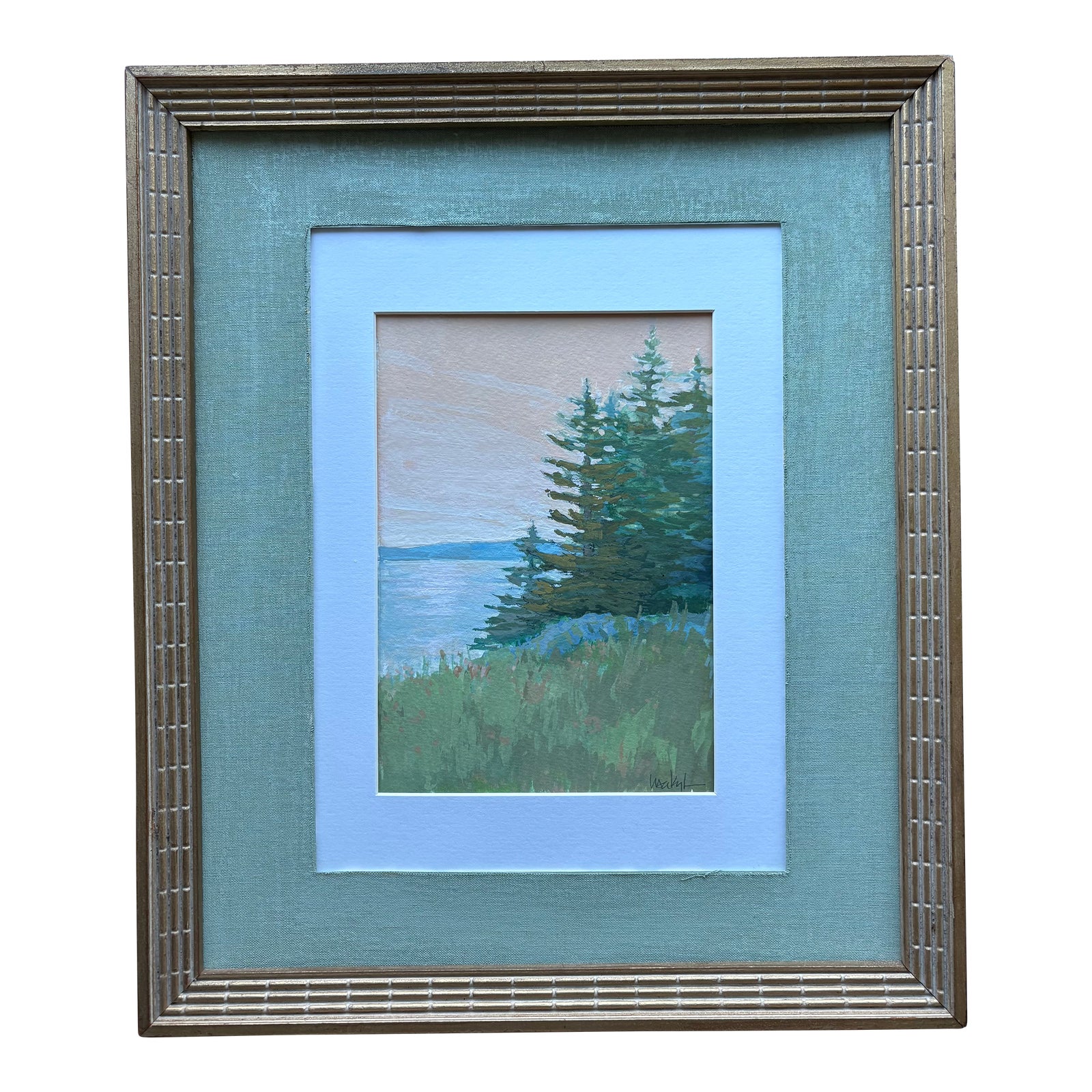 2025 Maine Pine Trees Against the Sea Coastal Gouache Painting, Framed ...