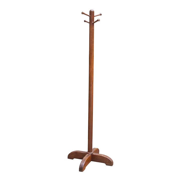 Wooden Coat Rack Stand With X Base and Carved Hooks | Chairish