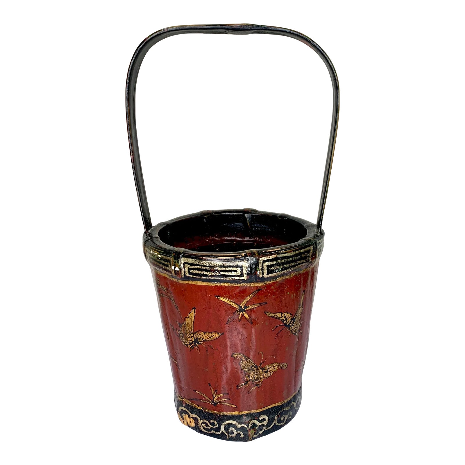 Chinese Hand-Painted Lacquer Bucket | Chairish
