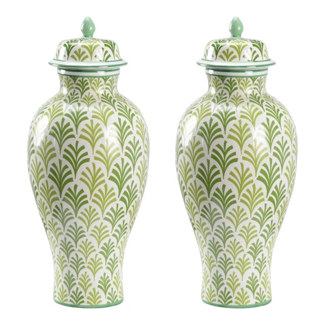 Pair of Chelsea House Inc. Ceramic Green & White “Matisse” Ginger Jars ...