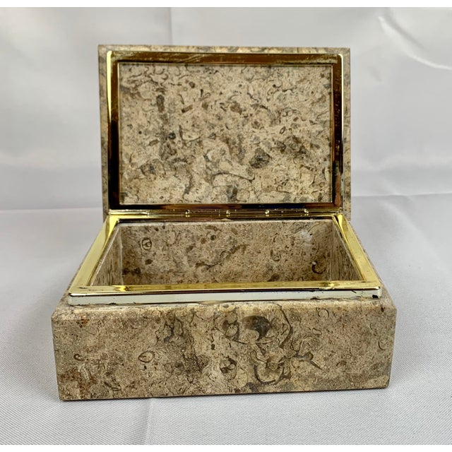 A Hinged Beige Rectangular Stone Box With Silvered Frame | Chairish