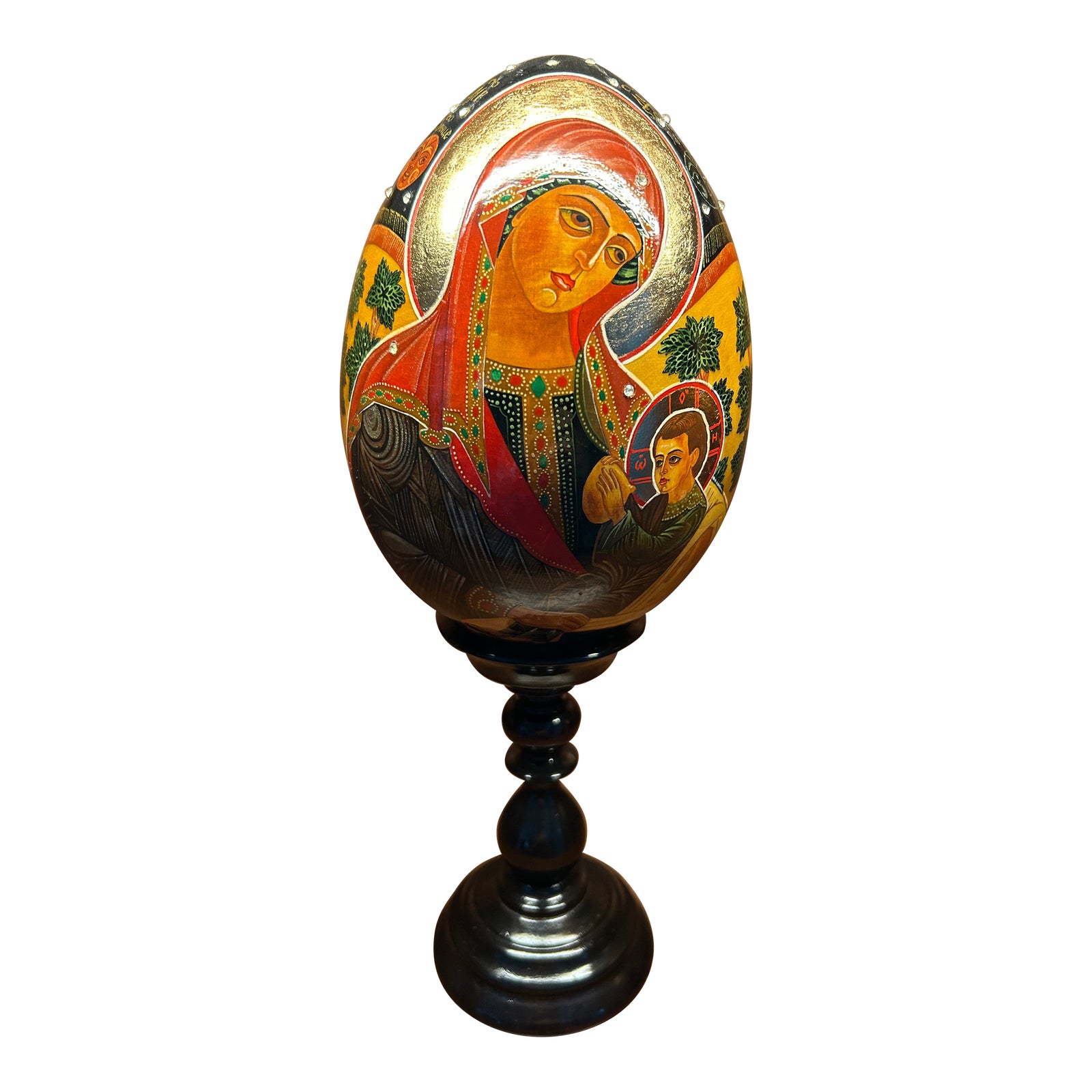 Hand-Painted Gilded Icon Egg on Wood (With Stand) | Chairish