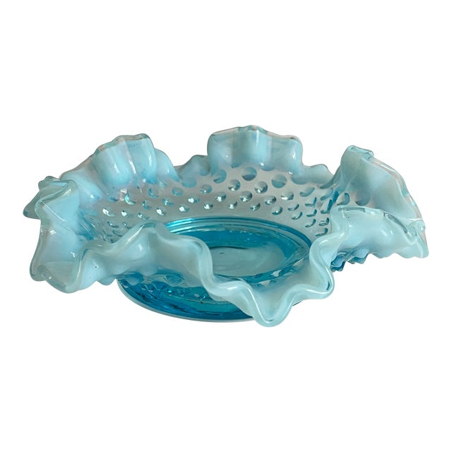 Mid 20th Century Fenton Blue Opalescent Hobnail Ruffled Dish | Chairish