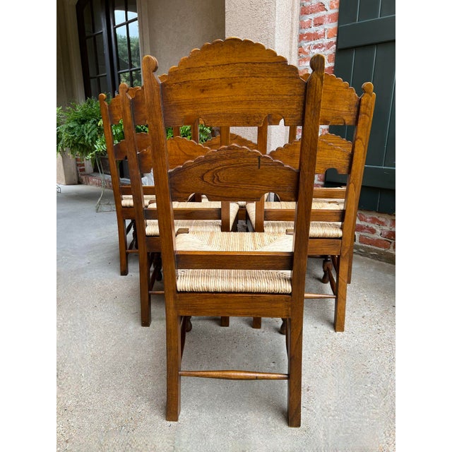 Set 6 Vintage English Dining Side Chairs Carved Oak Rush Seat Yorkshire ...