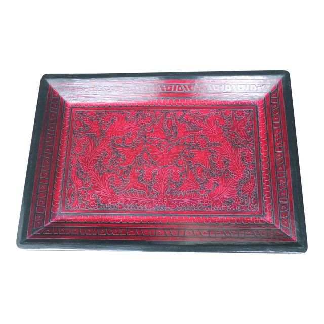 Red & Black Hand-Carved Wooden Tray | Chairish
