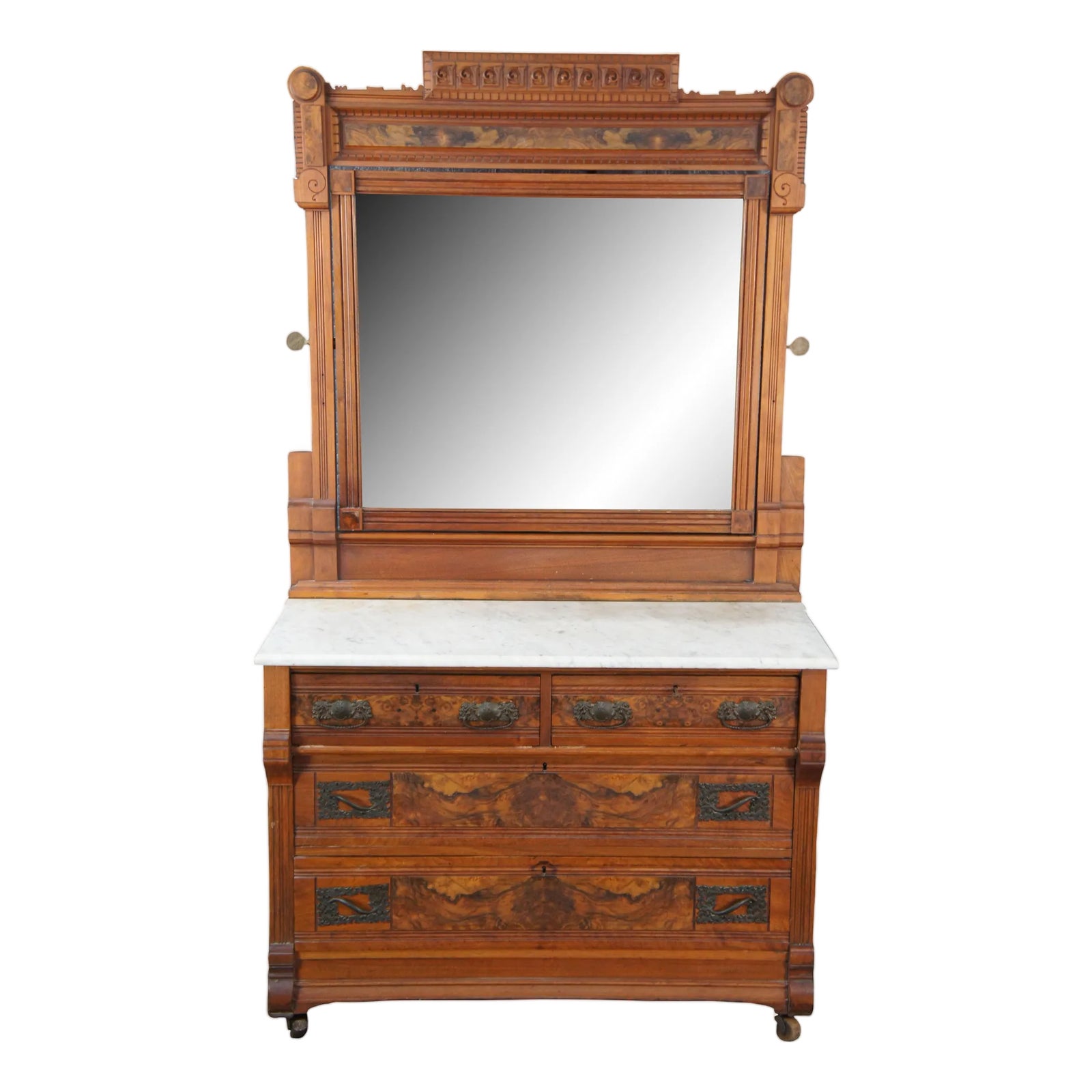 Antique Victorian Eastlake Walnut Burl Marble Top Dresser & Mirror ...