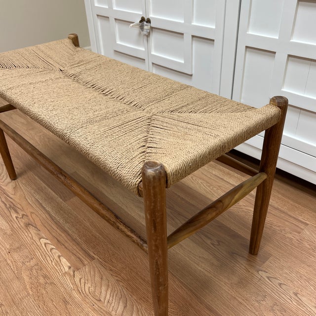 Natural Teak Wood and Rush Bench | Chairish