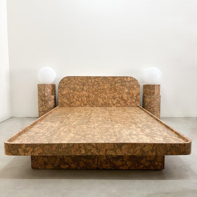 Vintage Mid-Century Modern Queen Cork Platform Bed & Headboard 70s 80s ...