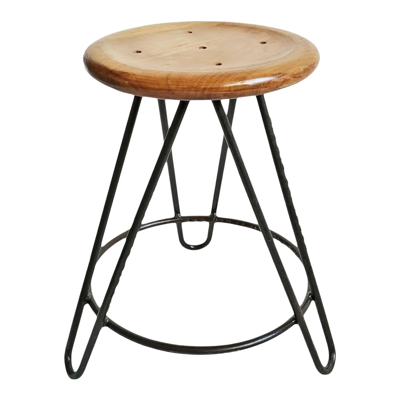 Teak Frisbee Iron Stool | Chairish