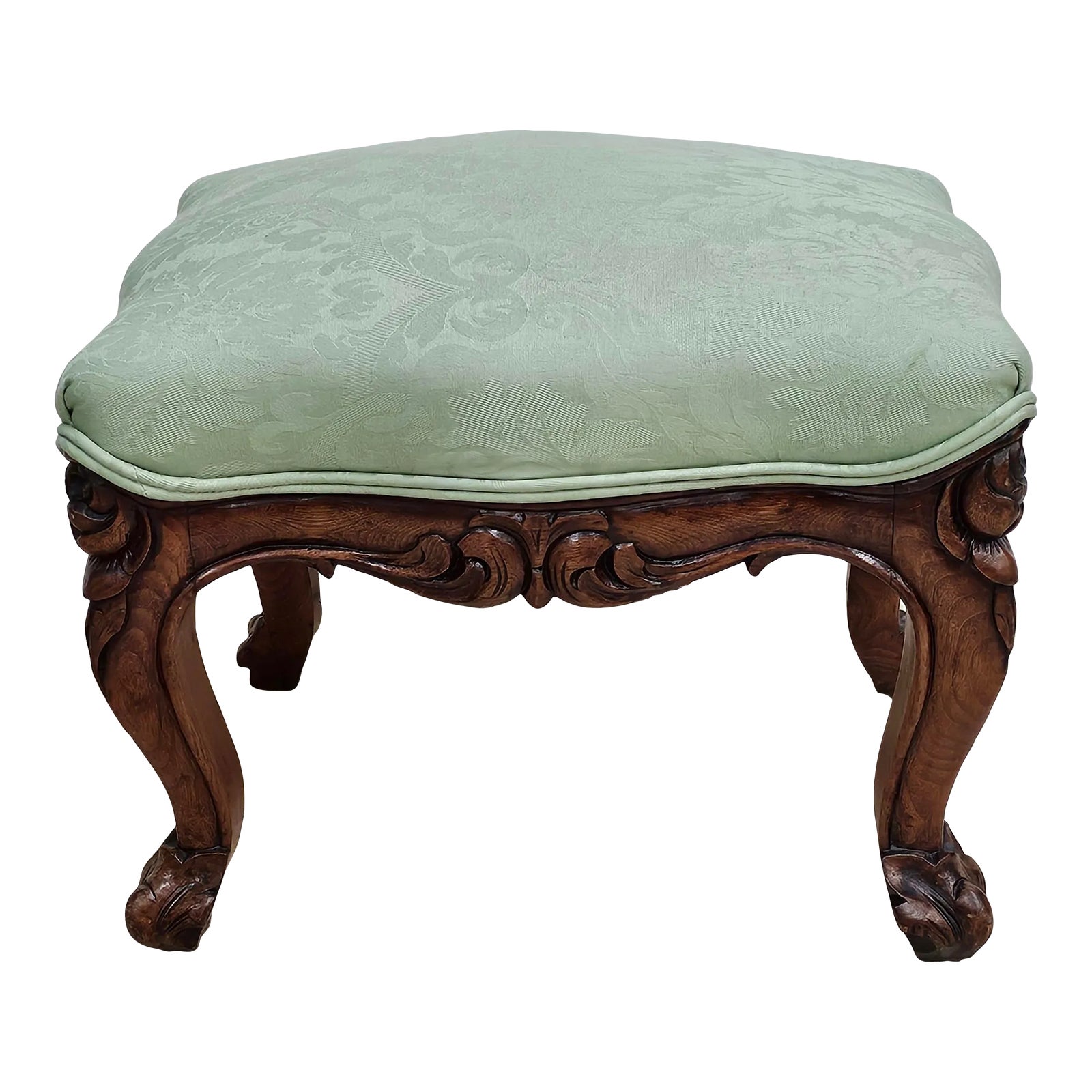 Victorian Hand Carved Walnut and Upholstered Foot Stool | Chairish